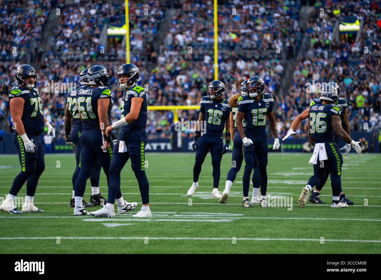 The Seattle Seahawks offense celebrates after a touchdown during an NFL ...