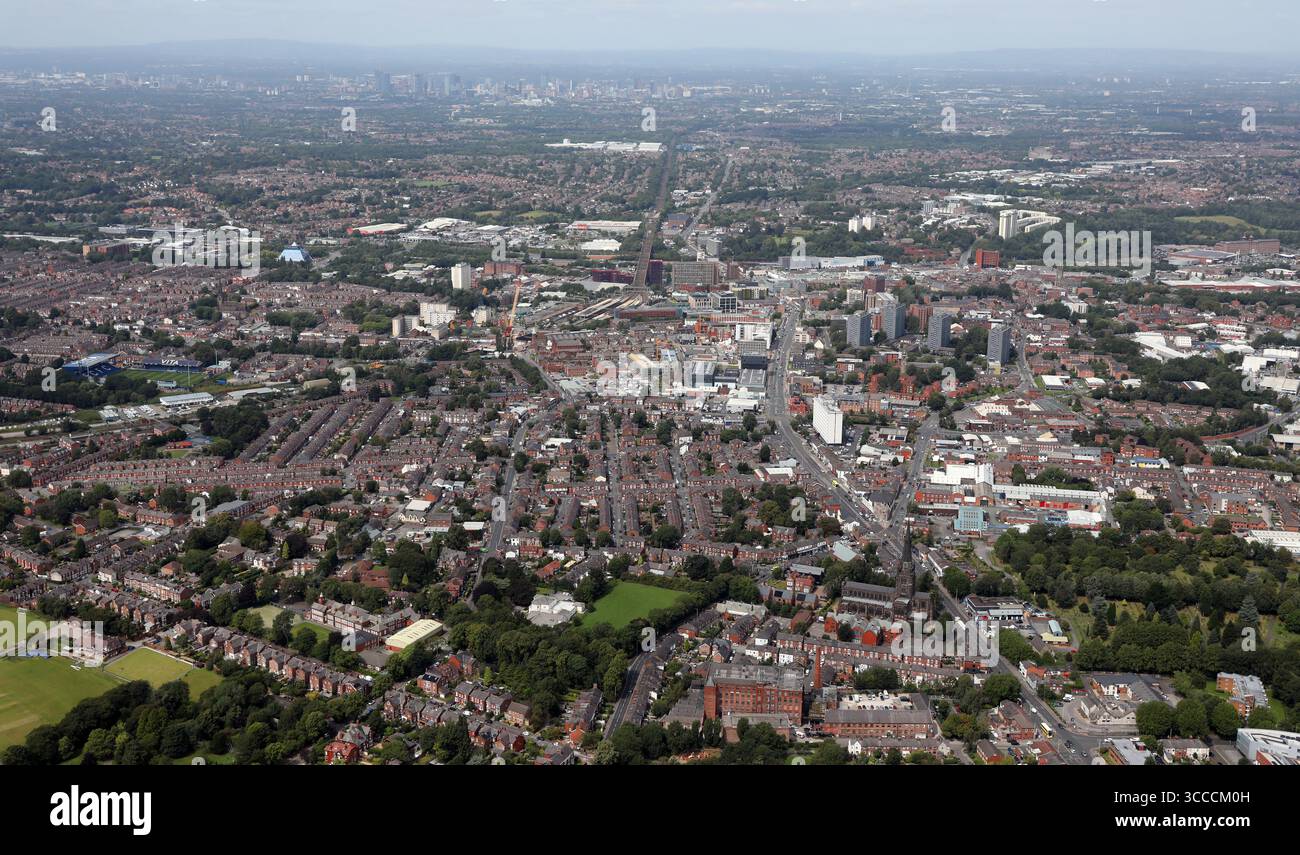 aerial view of Stockport town centre skyline looking North to ...