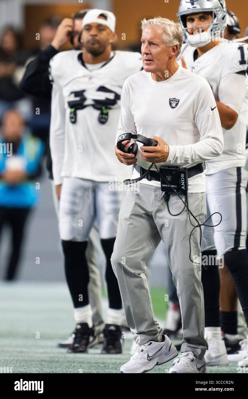 Las Vegas Raiders head coach Pete Carroll looks on while wearing a Sony ...