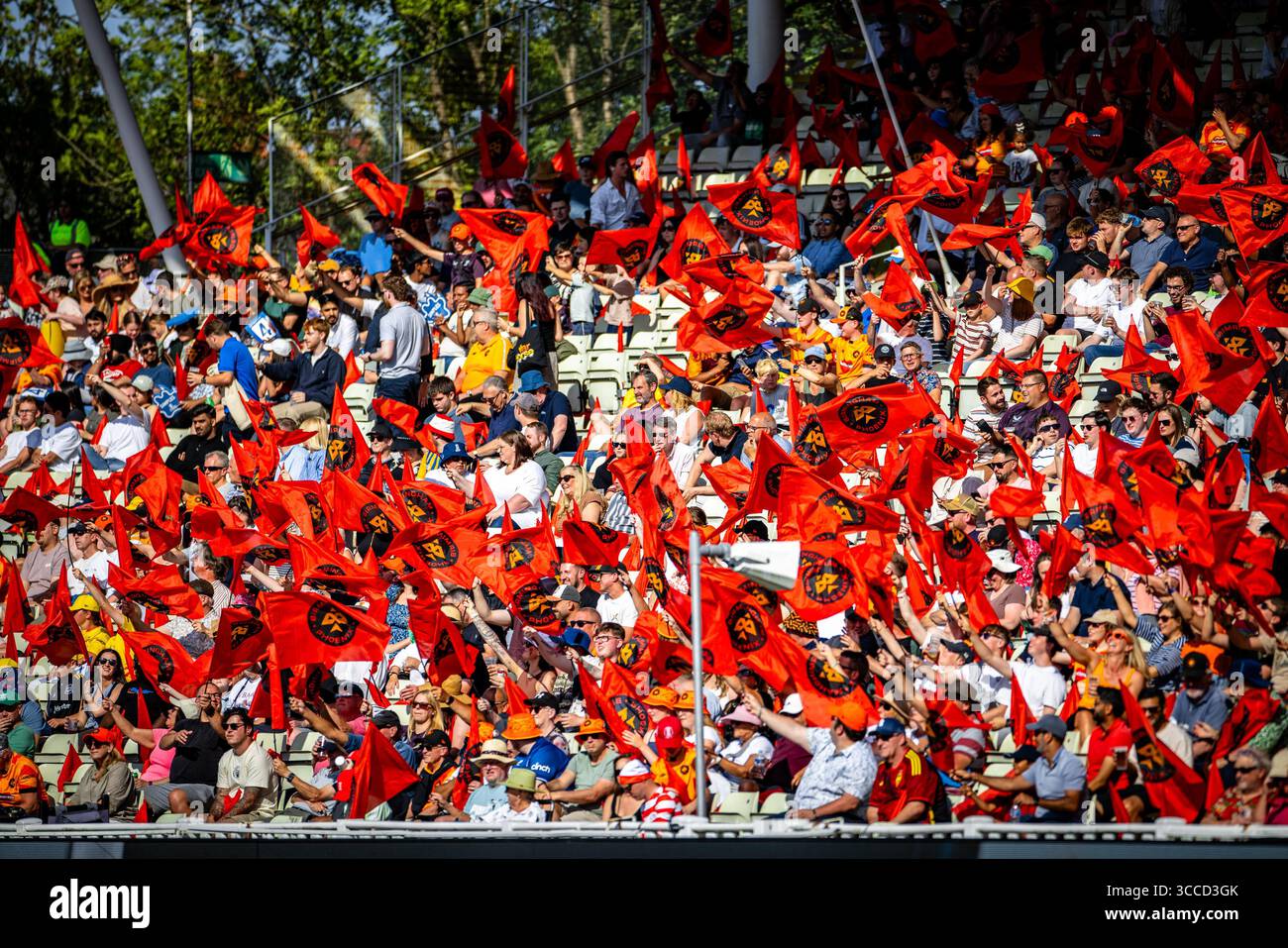 Birmingham, England, August 8th, 2025: Fans of Birmingham Phoenix wave the flags during the ...