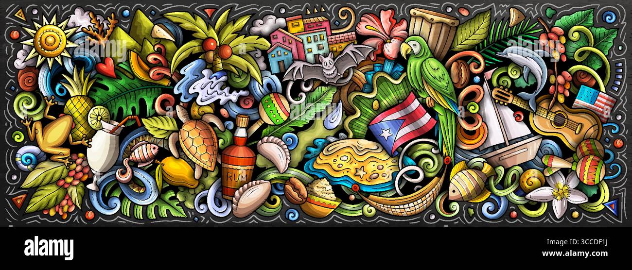 Puerto Rico cartoon chalk drawing doodle vector color banner. Funny ...
