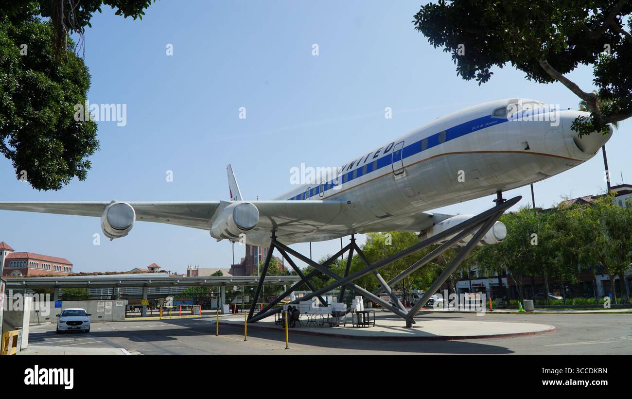 historic United Airlines DC-8 passenger jet is displayed on elevated ...