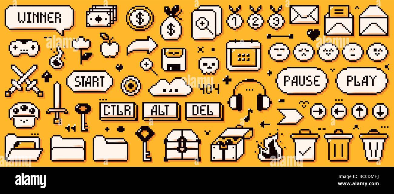 A big set of pixel game art 8 bit icons drawn in a yellow and white ...