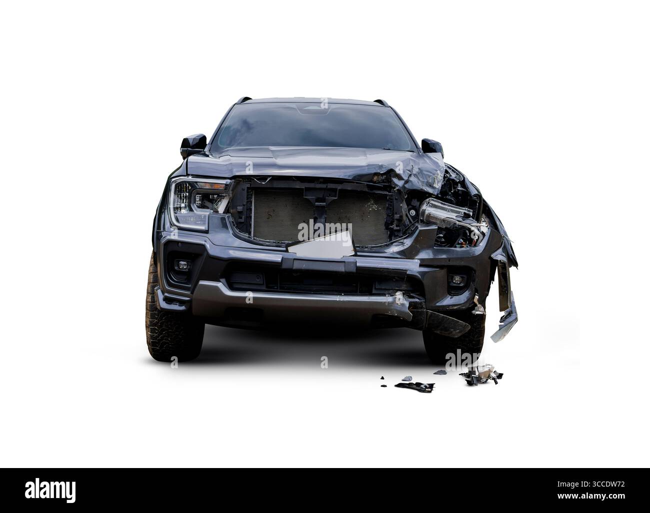 Front view of crashed car from road accident involving drunk driving ...