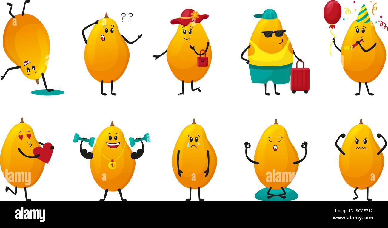 Mango characters. Positive mango lady and gentleman different poses ...