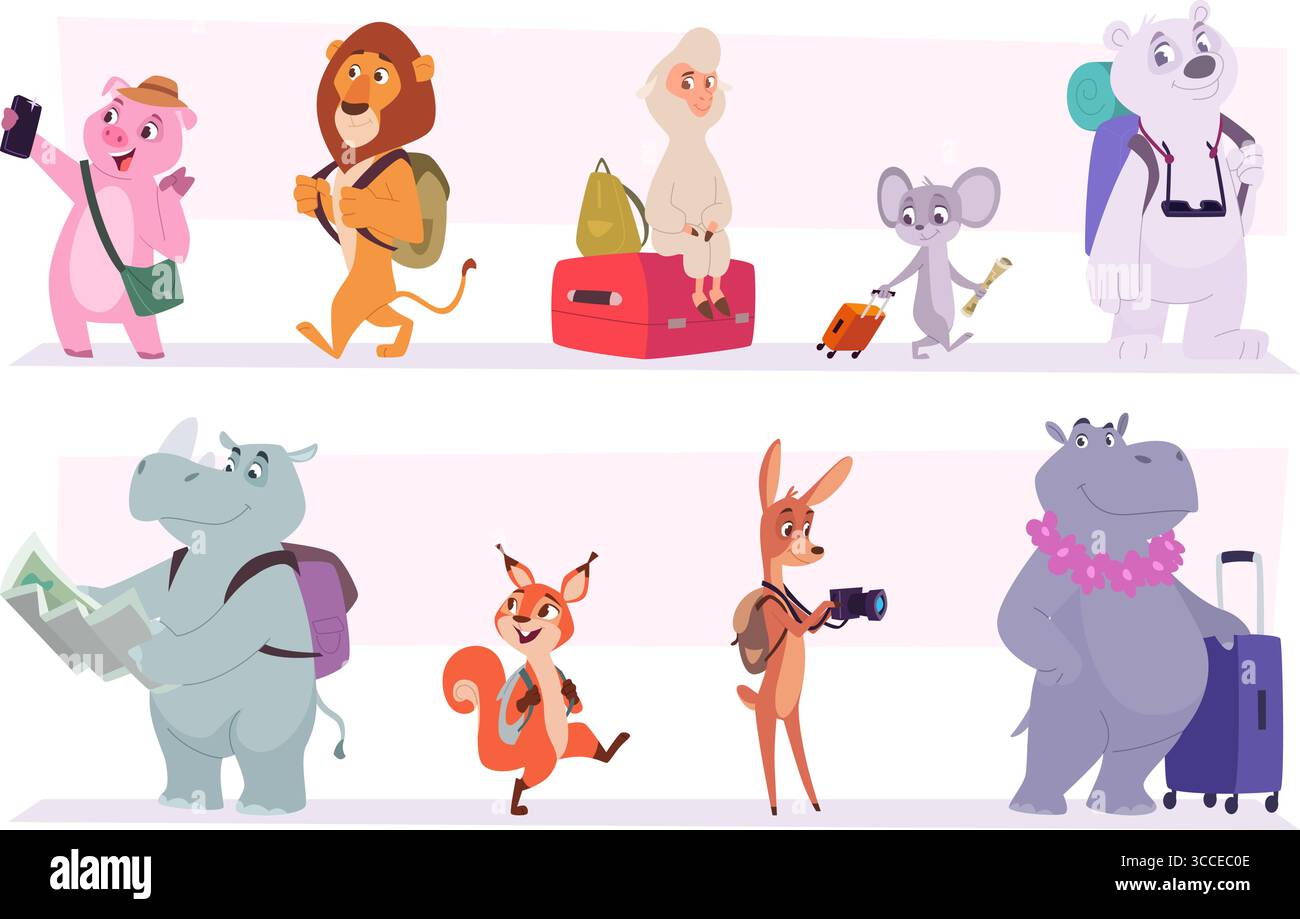 Animal travelling. Animal kids walking and riding on the different ...