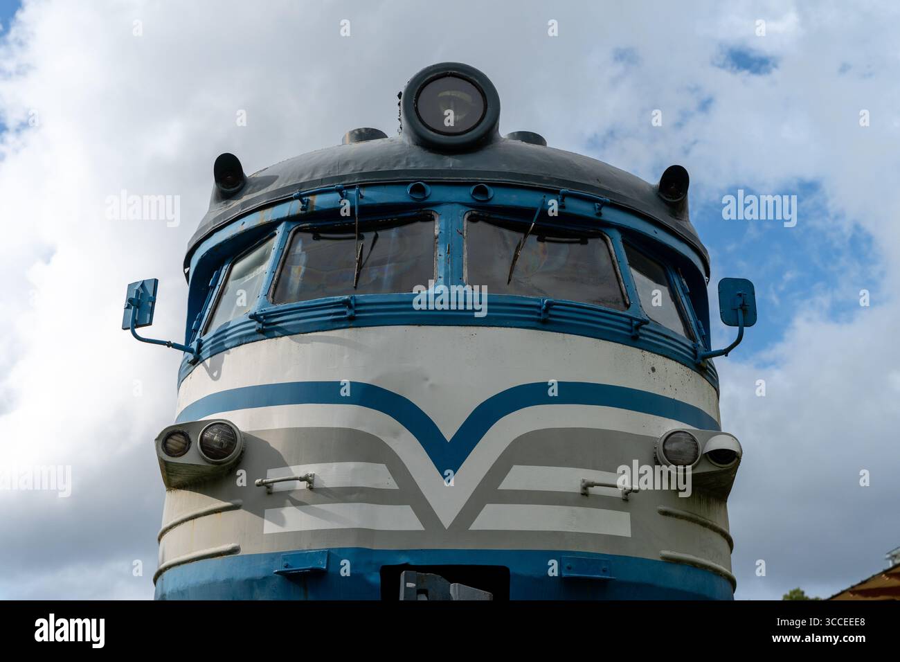 10 August 2025, Estonia, close-up front view of a vintage blue and ...