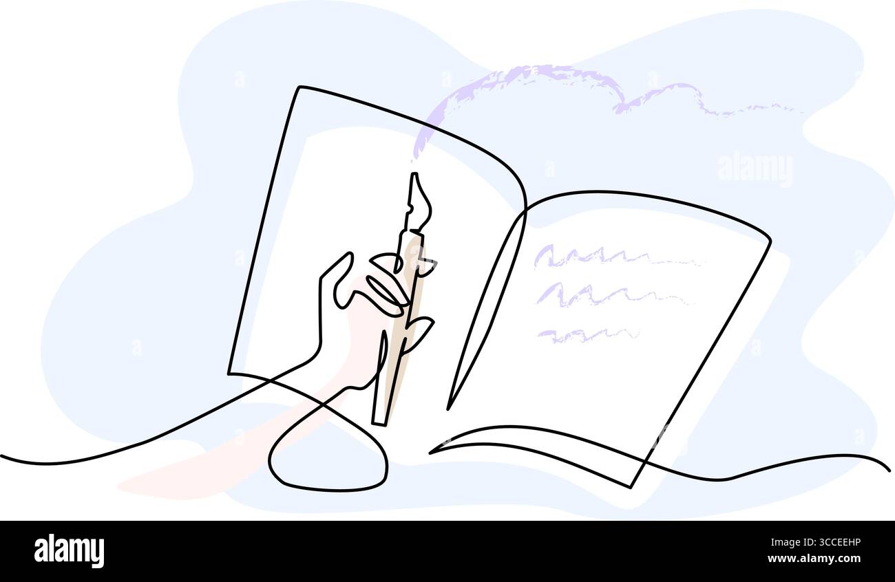 Hand with pen and book. The concept of a writers creativity. Continuous ...