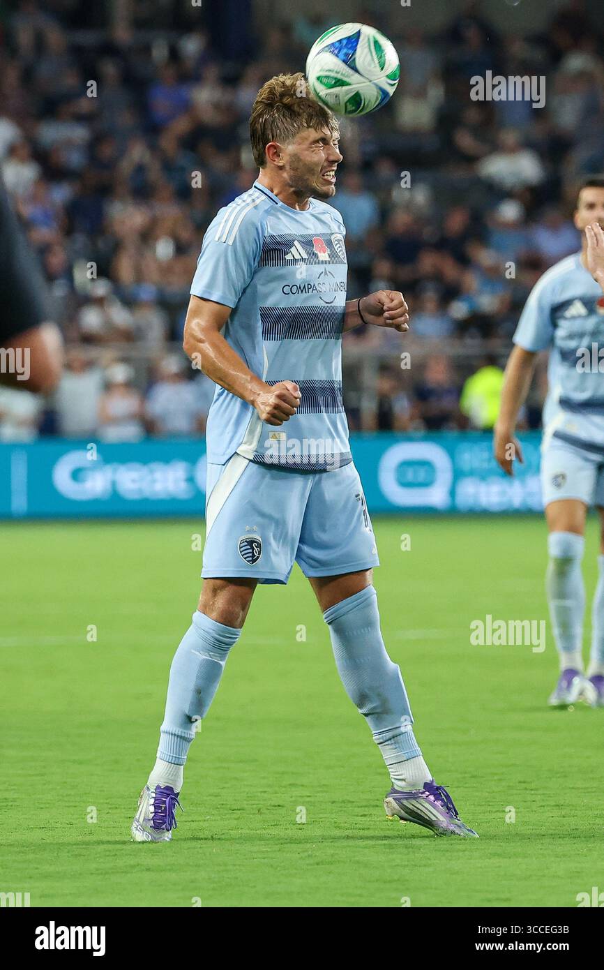 August 9, 2025: Sporting Kansas City midfielder Jake Davis (17) heads ...
