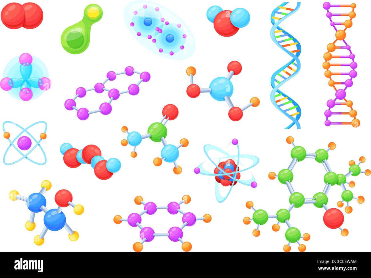 Cartoon molecules structure. Connected molecule, chemical particles ...