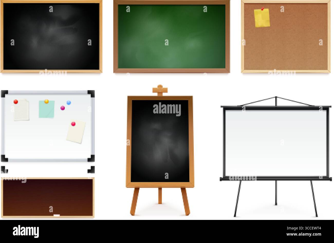 Realistic school boards. Chalk board on wall, office flip chart for ...