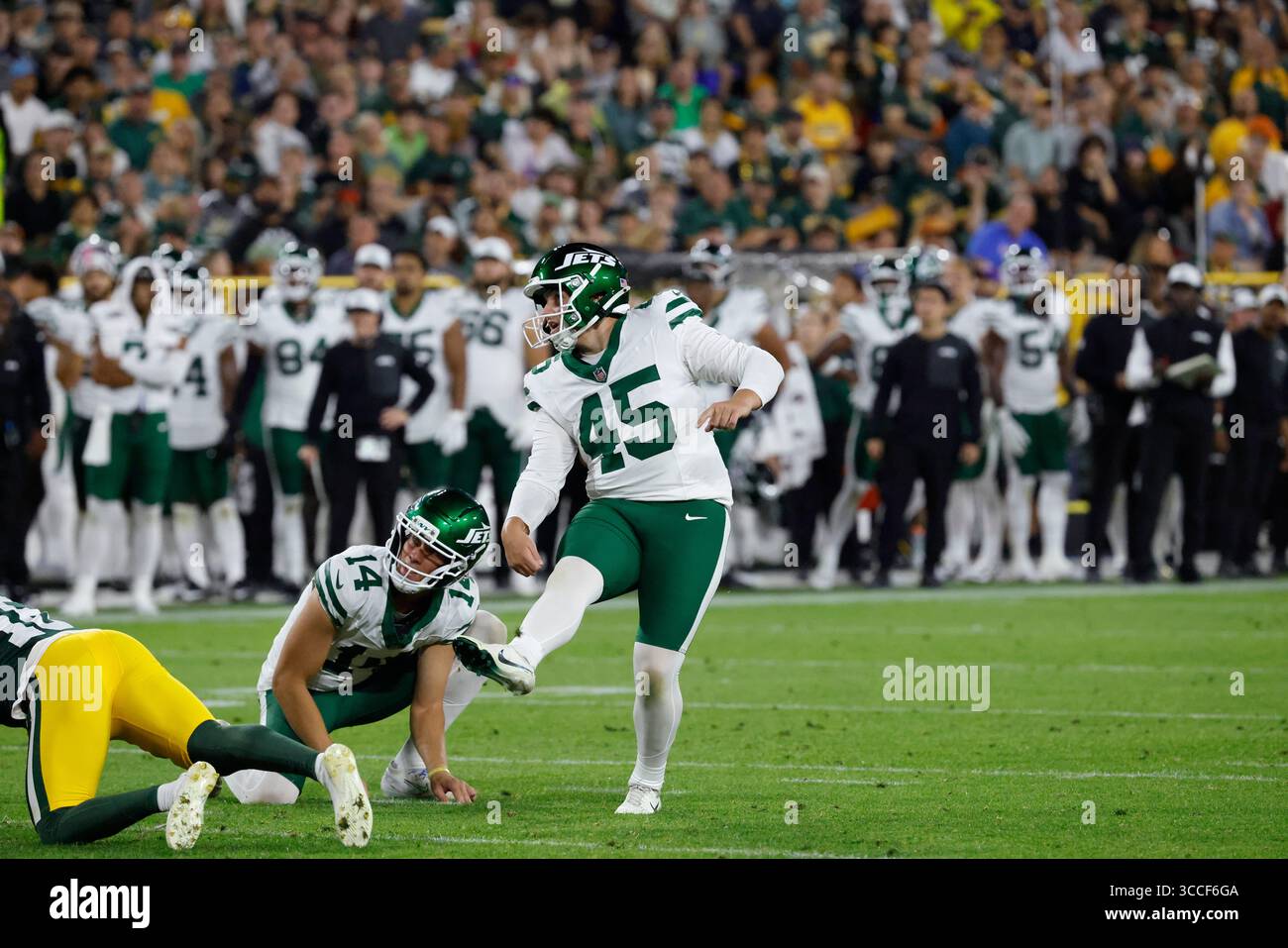 New York Jets place kicker Harrison Mevis (45) during a preseason NFL ...
