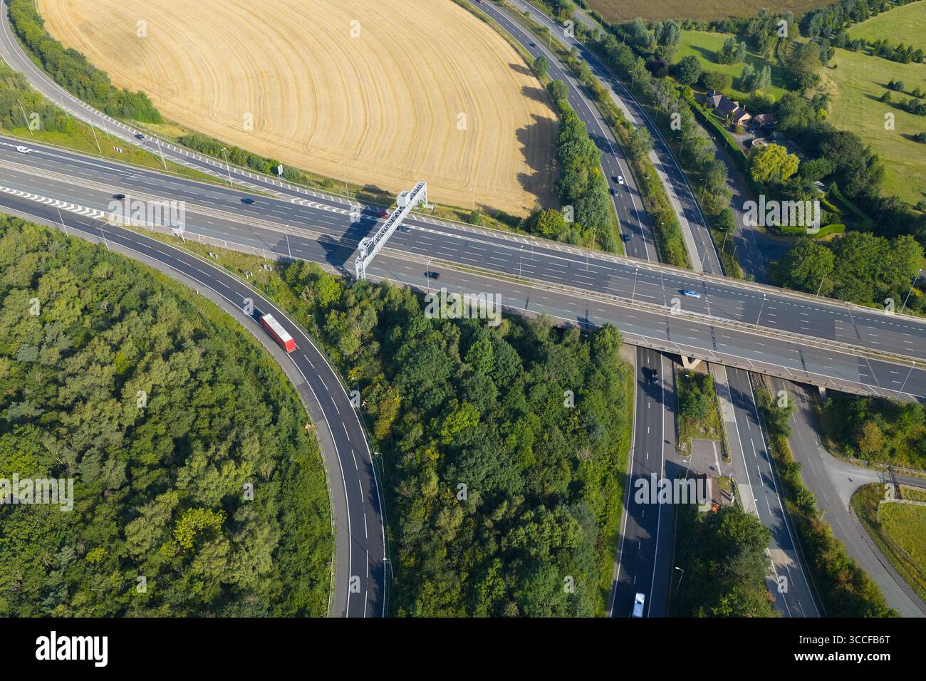 Aerial close-up view of Croft Interchange (Junction 21A) near Birchwood ...
