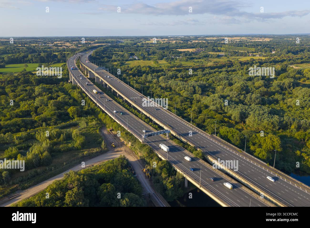 Aerial view of the M6 motorway on Thelwall Viaduct near Warrington ...