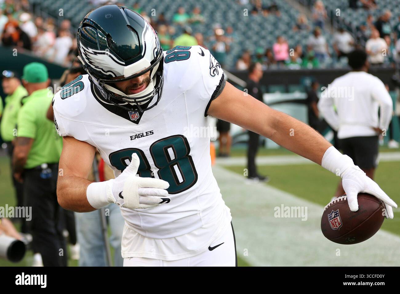 Philadelphia Eagles tight end Dallas Goedert (88) dances before an NFL football game against the ...