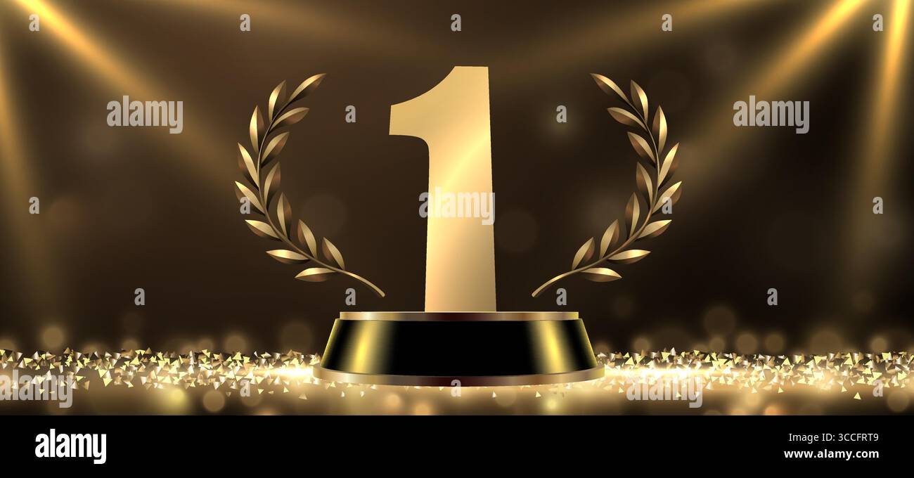 Winner award. Number one. Golden laurel wreath on podium with confetti ...
