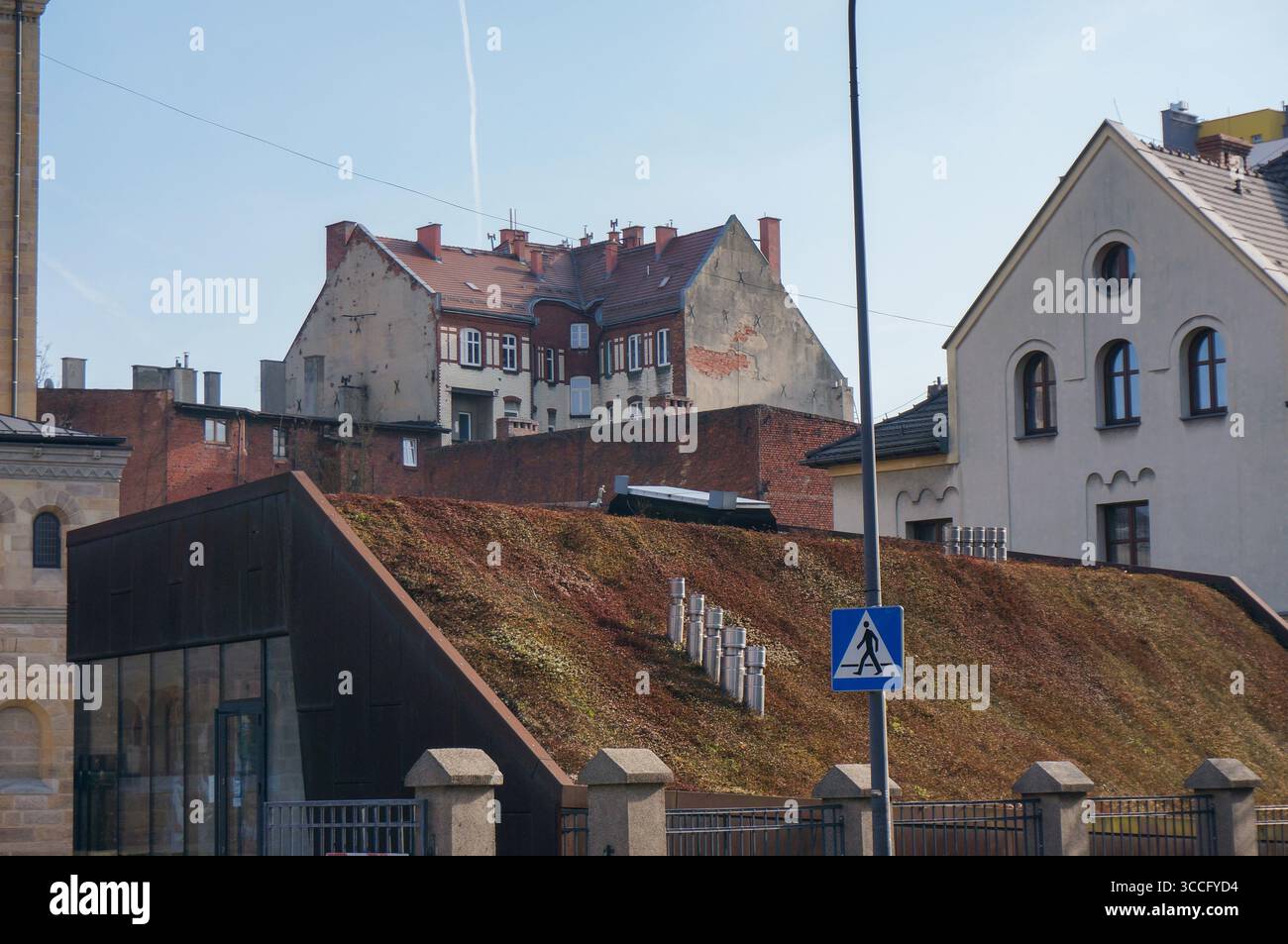 Turf roof, urban landscape, Upper Silesia, pedestrian crossing post ...