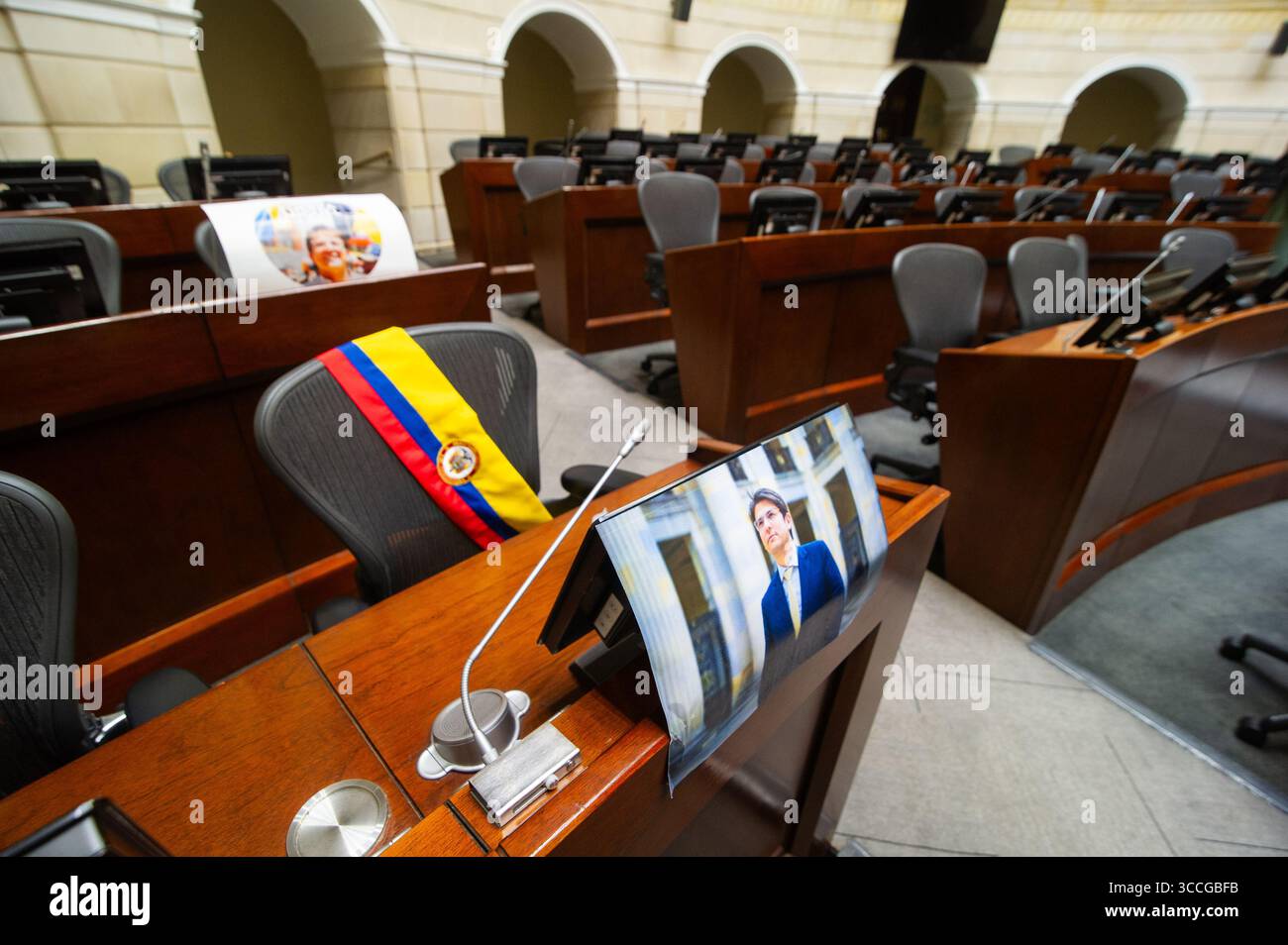 Bogota, Colombia. 11th Aug, 2025. Pictures and a flag band of Miguel ...