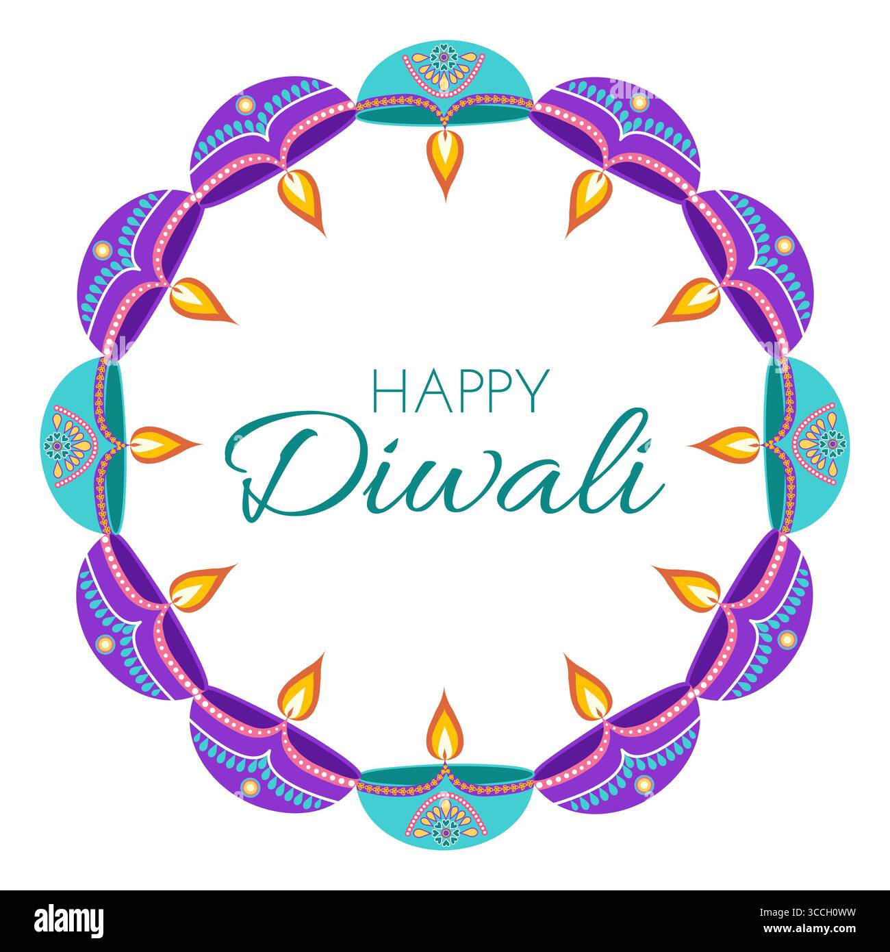 Diwali festival vector frame with diyas and text in flat style ...