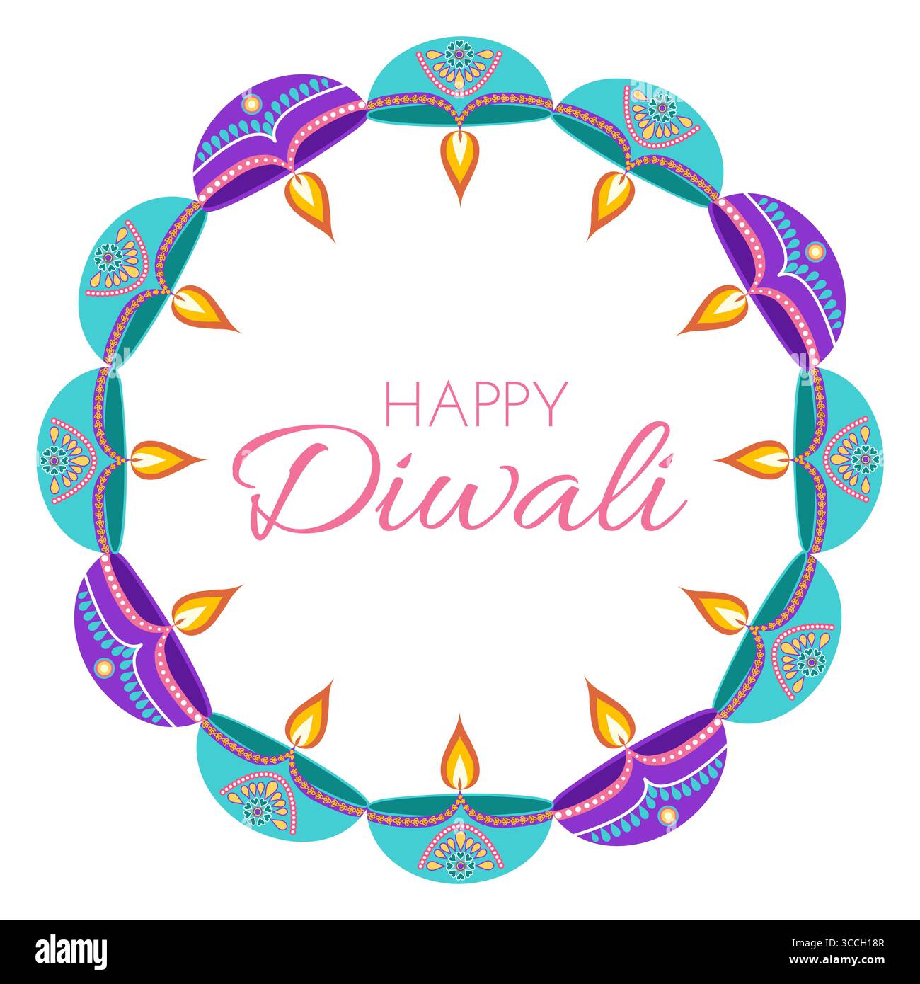 Diwali festival vector frame including diyas and text in flat style ...