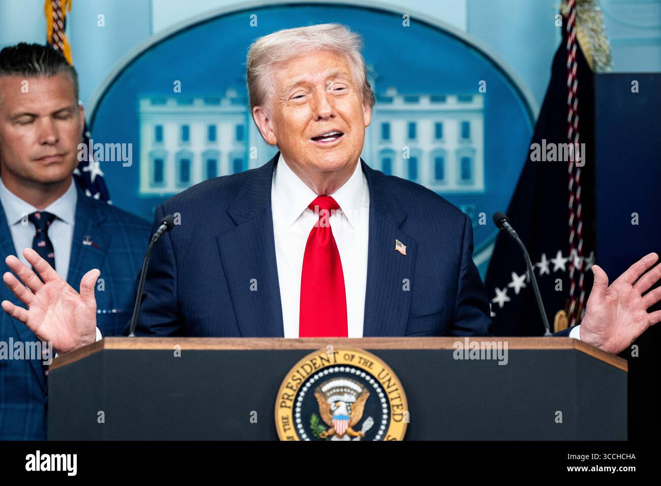 President Donald Trump speaking at a press conference in the White House Press Briefing Room at ...