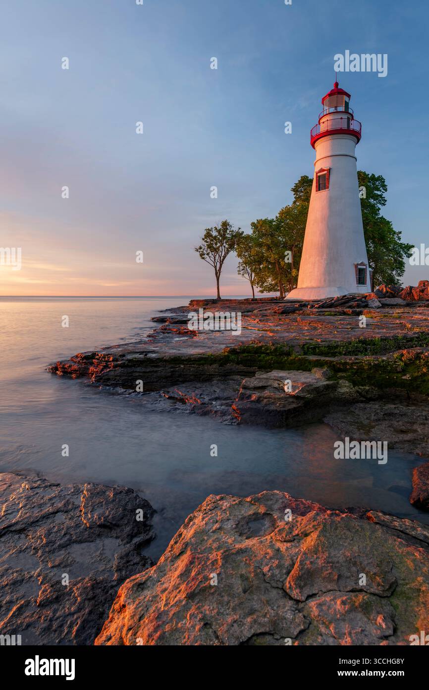 Marblehead lighthouse situated on a rugged shoreline of Lake Erie, Ohio ...