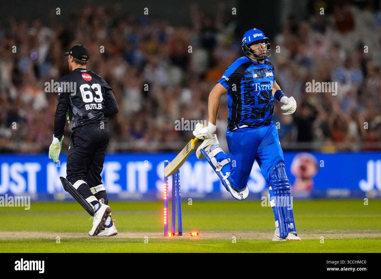 London Spirit's Jamie Overton is run out during the Hundred Men's match ...
