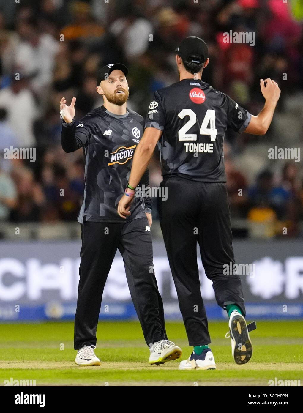 Manchester Originals' Phil Salt (left) celebrates with Josh Tongue ...