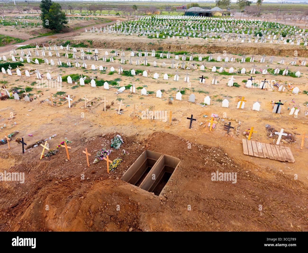 Aerial of cemetery with open graves Stock Photo - Alamy