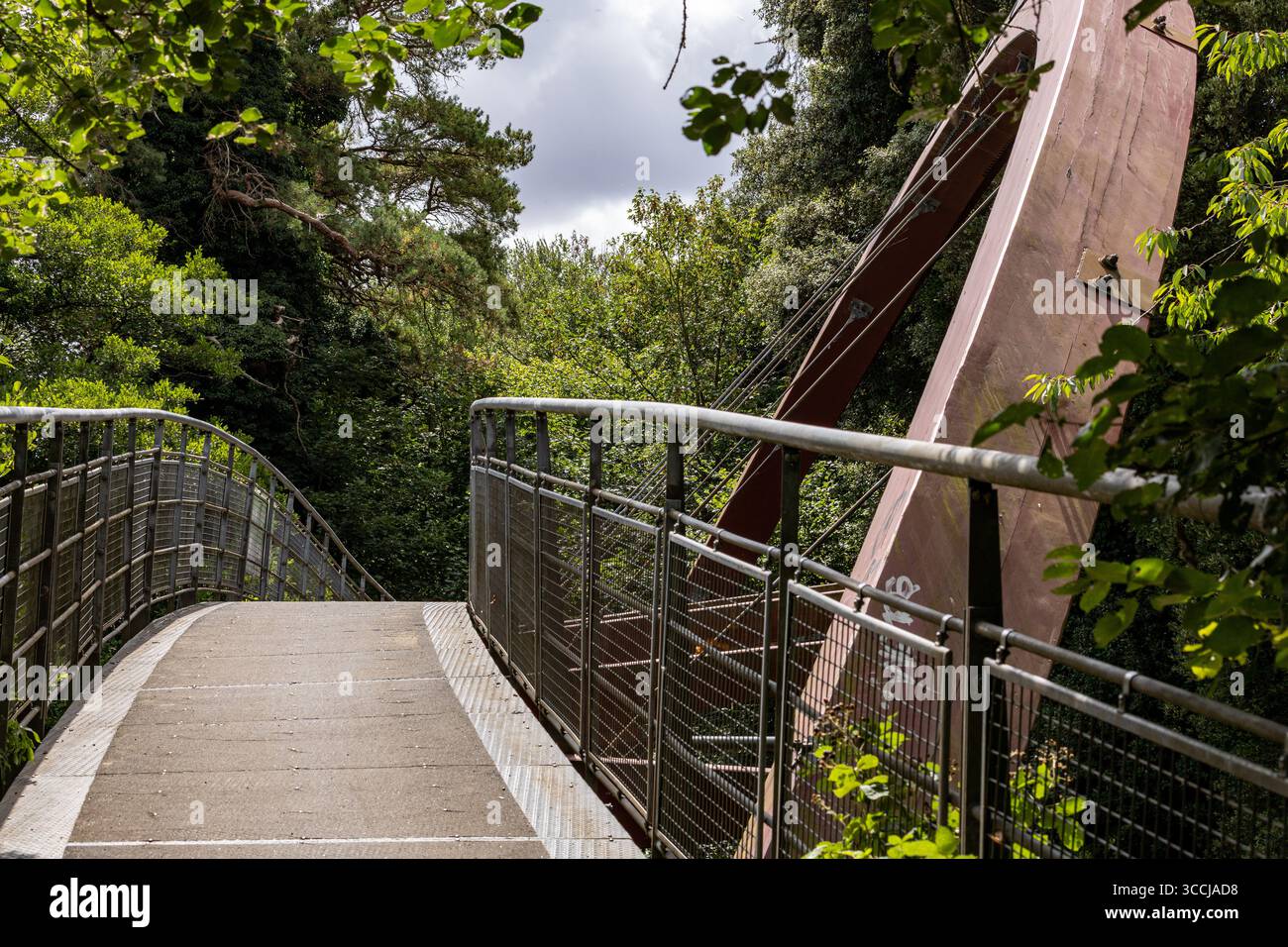 A modern metal bridge with railings curves through lush green wood ...