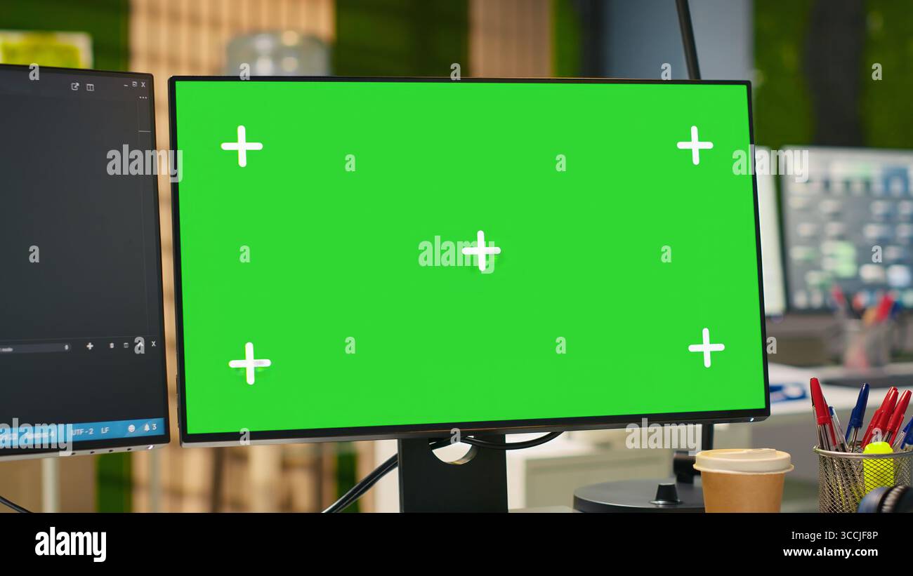 Empty startup office with green screen PC and artificial intelligence ...