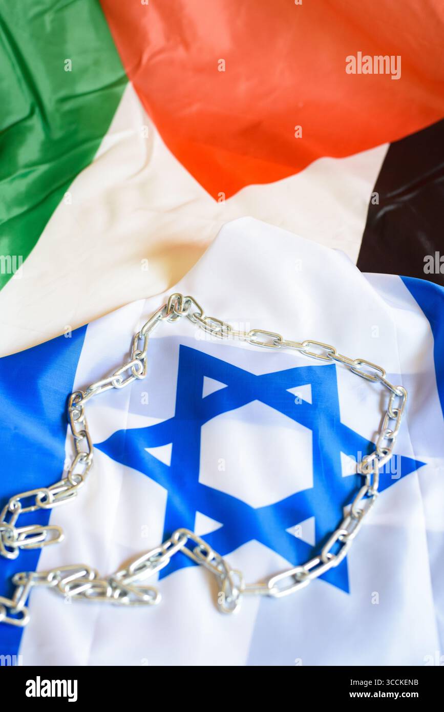 Flags of Israel and Palestine connected by a diplomatic chain ...