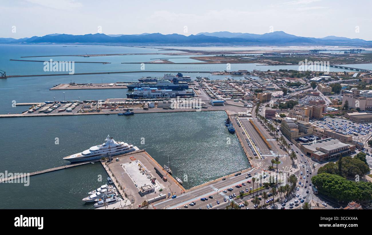 Aerial view of the Grimaldi Lines ferry terminal in Cagliari, the ...