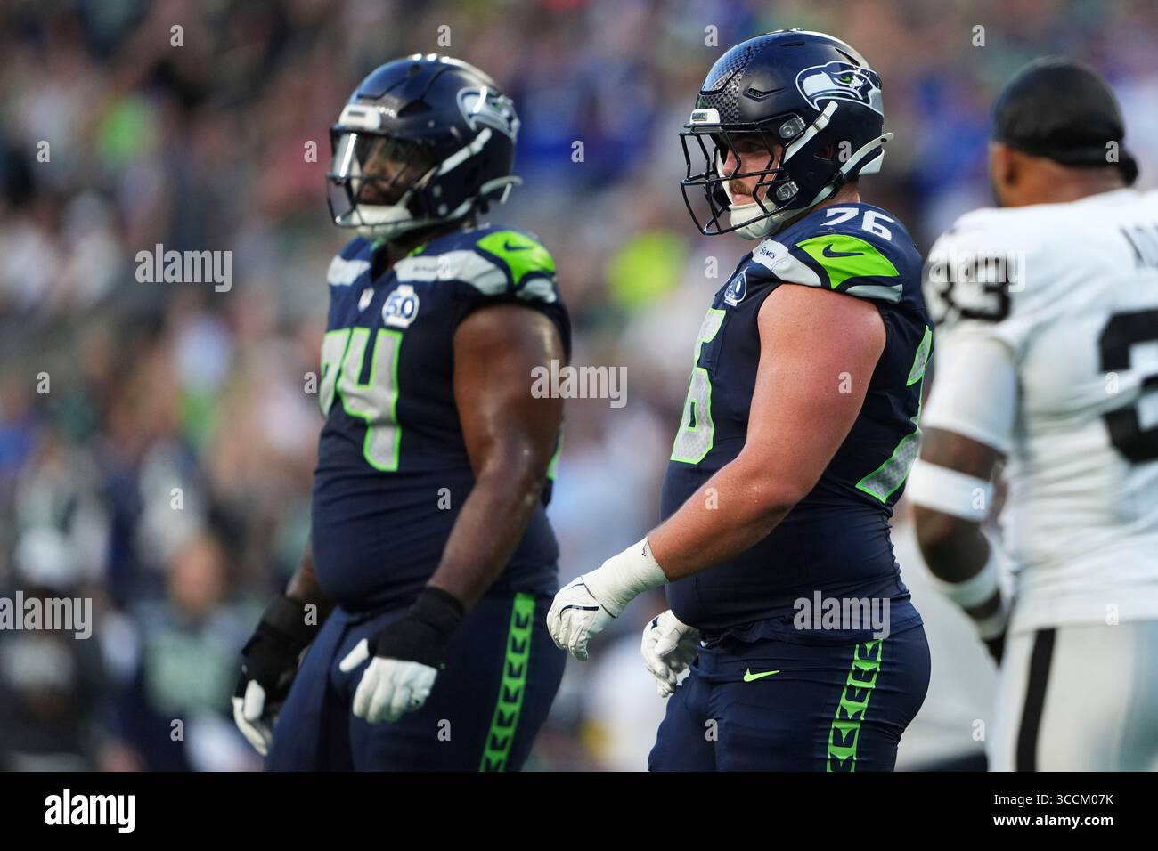 Seattle Seahawks guard Grey Zabel looks on in between plays against the ...