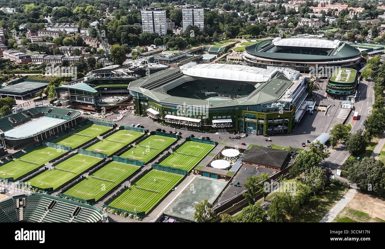 LONDON, UK - AUGUST 5, 2025 - Aerial view of the iconic Wimbledon ...