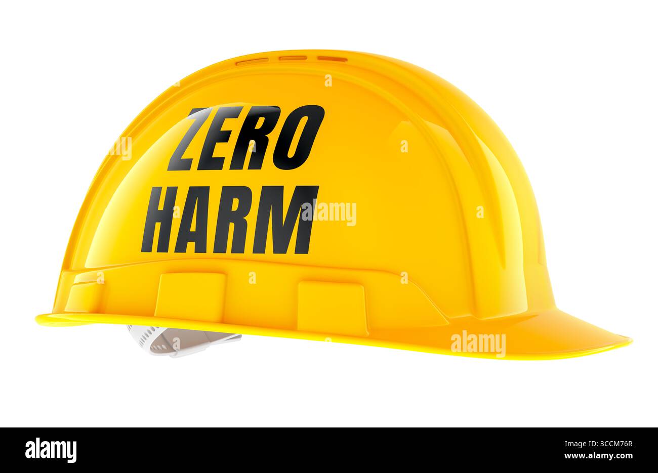 Zero Harm, yellow construction helmet with inscription. 3D rendering isolated on white ...