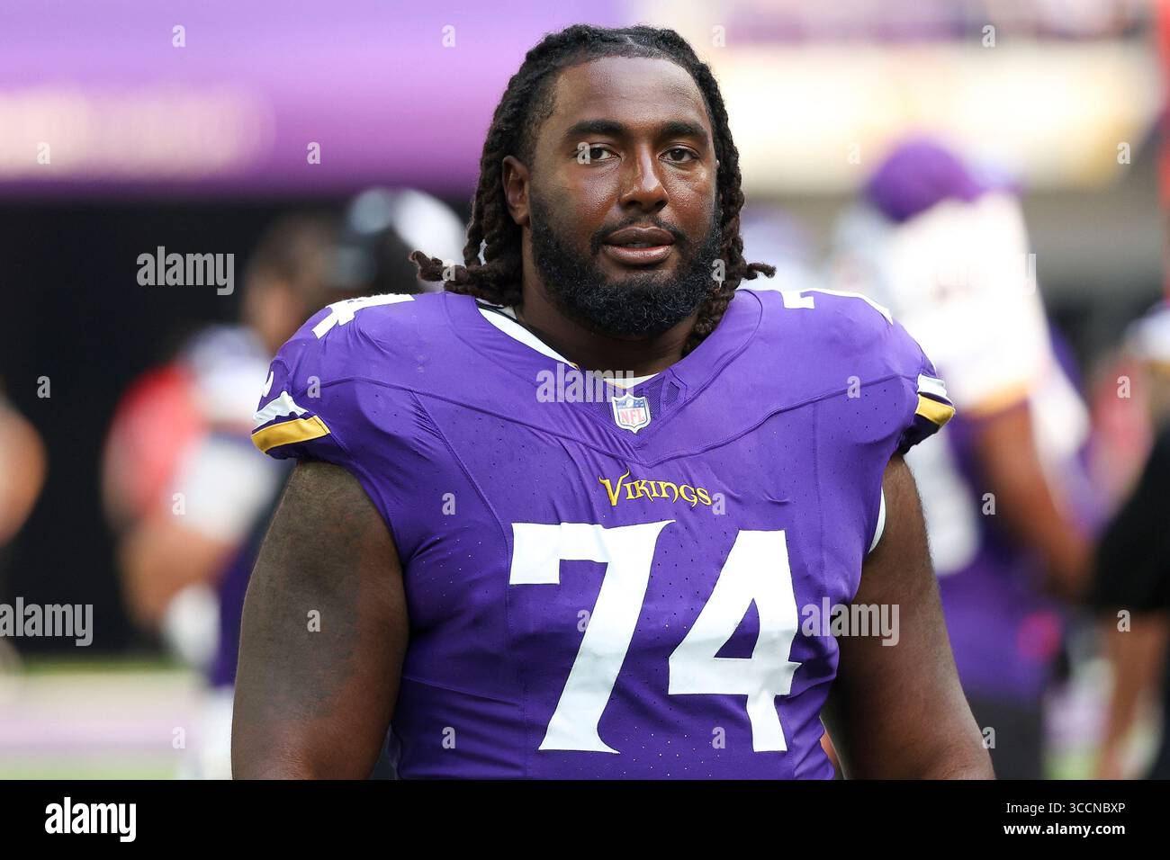 Minnesota Vikings guard Donovan Jackson (74) looks on from the bench ...