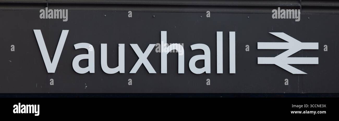 LONDON, UK - AUGUST 5, 2025 - Close up of the Vauxhall Station sign ...