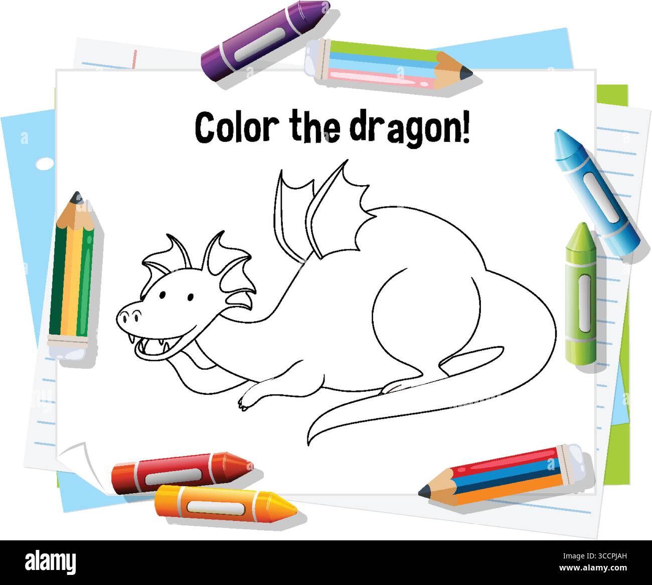 Fun dragon coloring page with vibrant pencils Stock Vector Image & Art ...