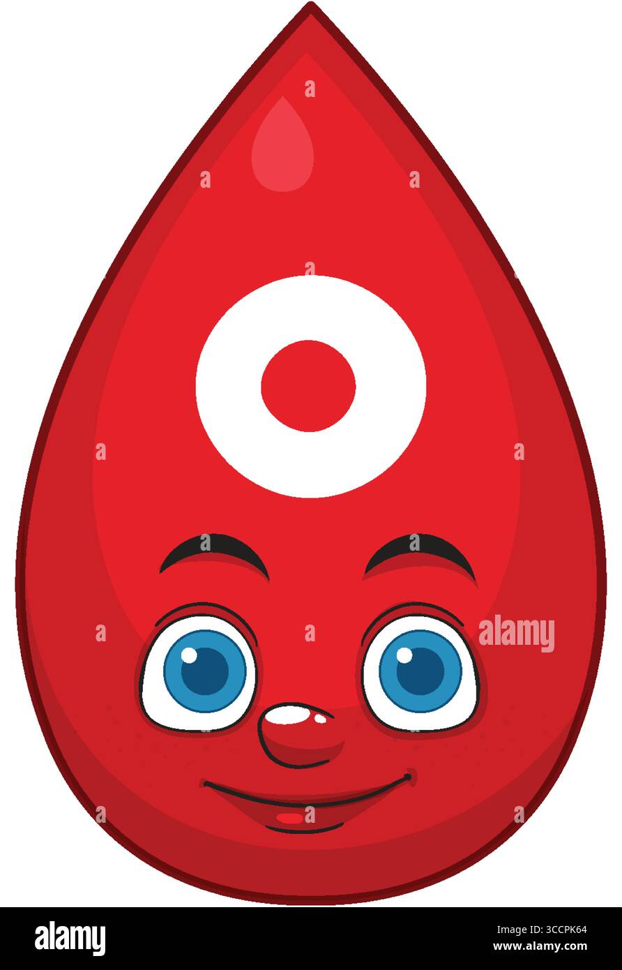 Vector illustration of a cheerful blood drop character with large blue ...