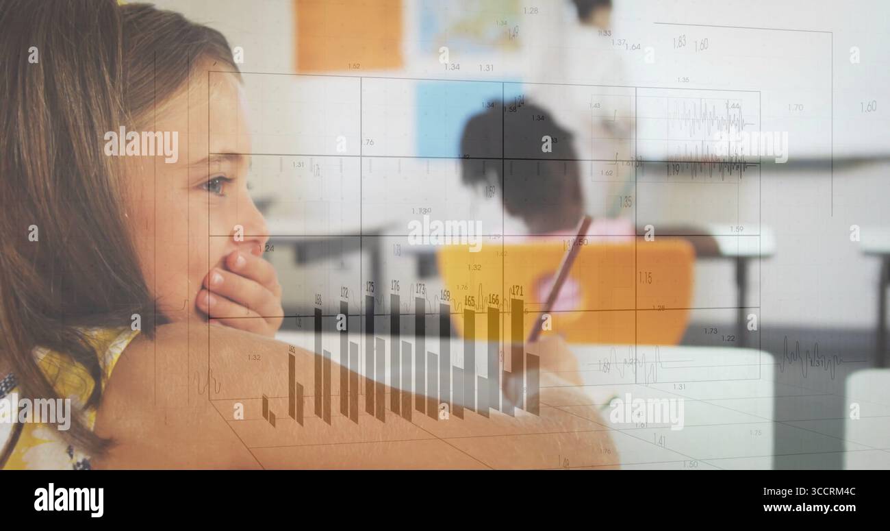 Resting chin on hand, girl student gazing at charts and world map in ...