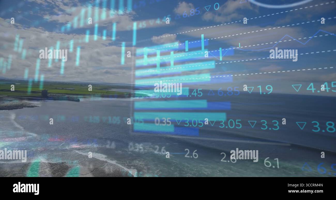 Displaying digital financial charts overlaying rocky coast, with ocean ...
