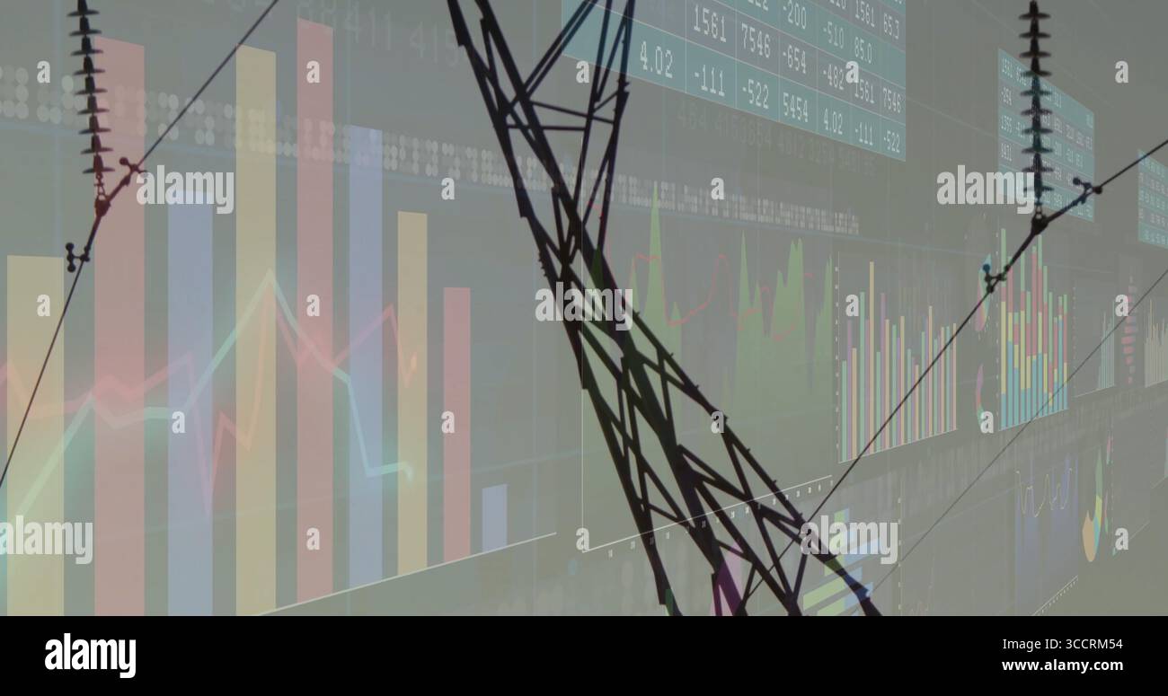 Displaying power tower silhouette with cables over charts graphs and ...