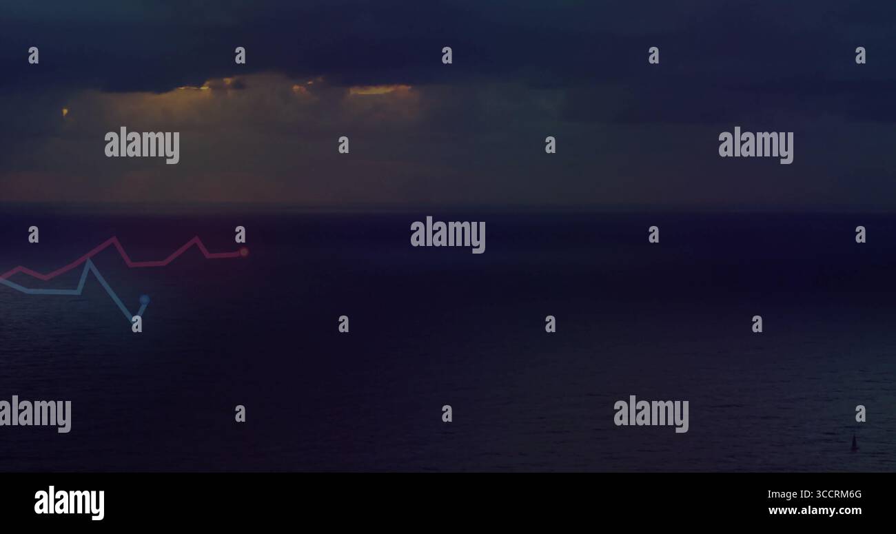 Streaming rays piercing clouds in open sea, with red and blue neon ...
