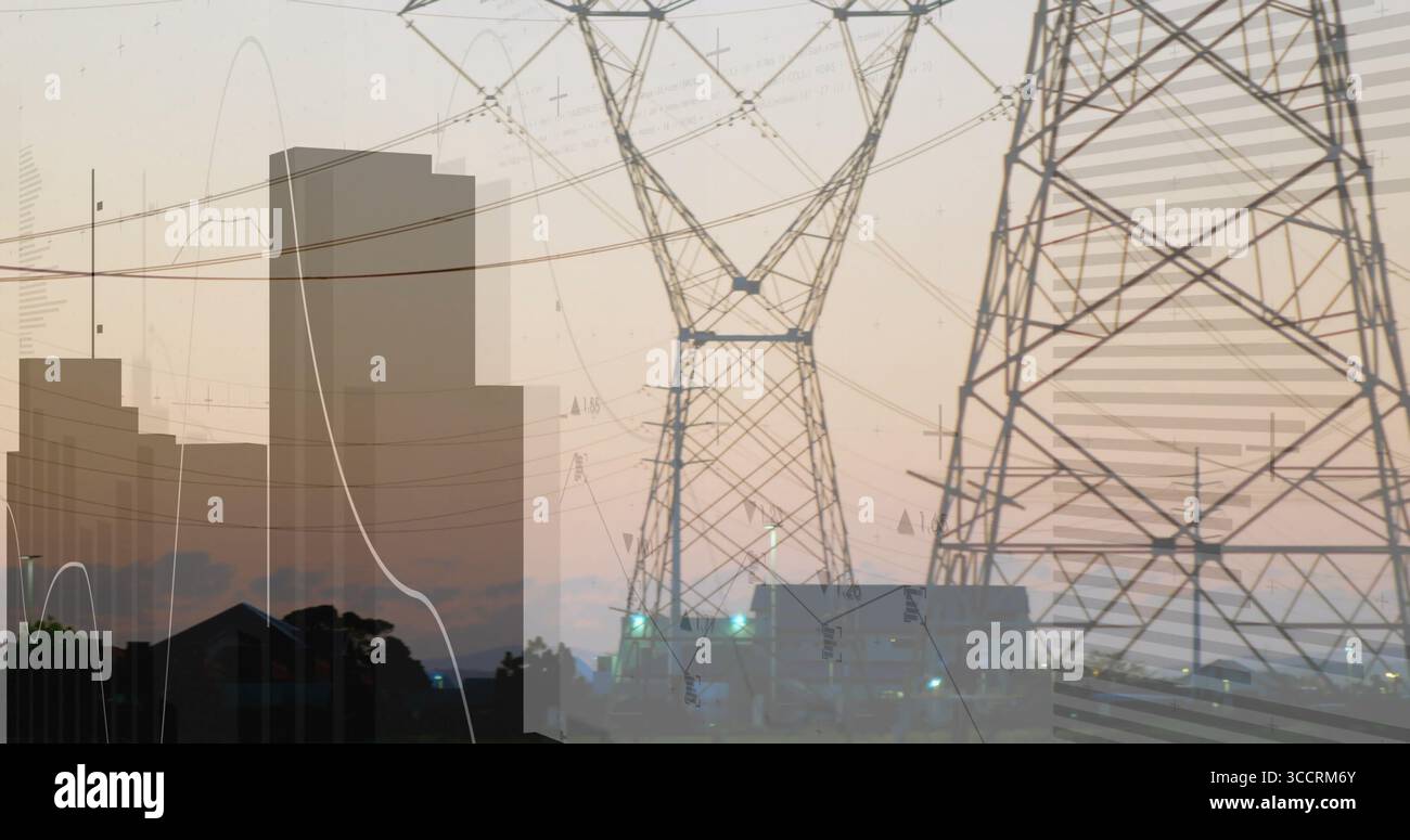 Three steel lattice power towers standing at power substation at dusk ...