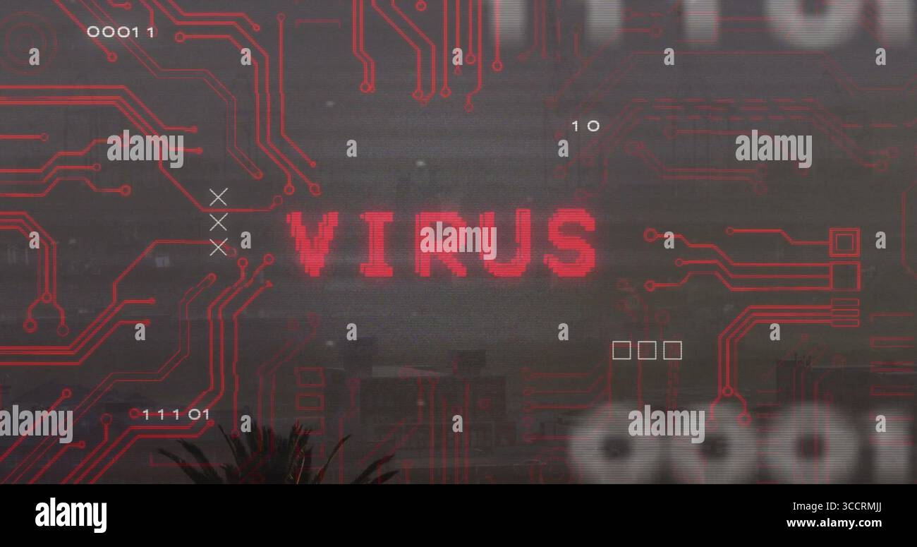Displaying red pixelated VIRUS on security dashboard, showing circuit ...