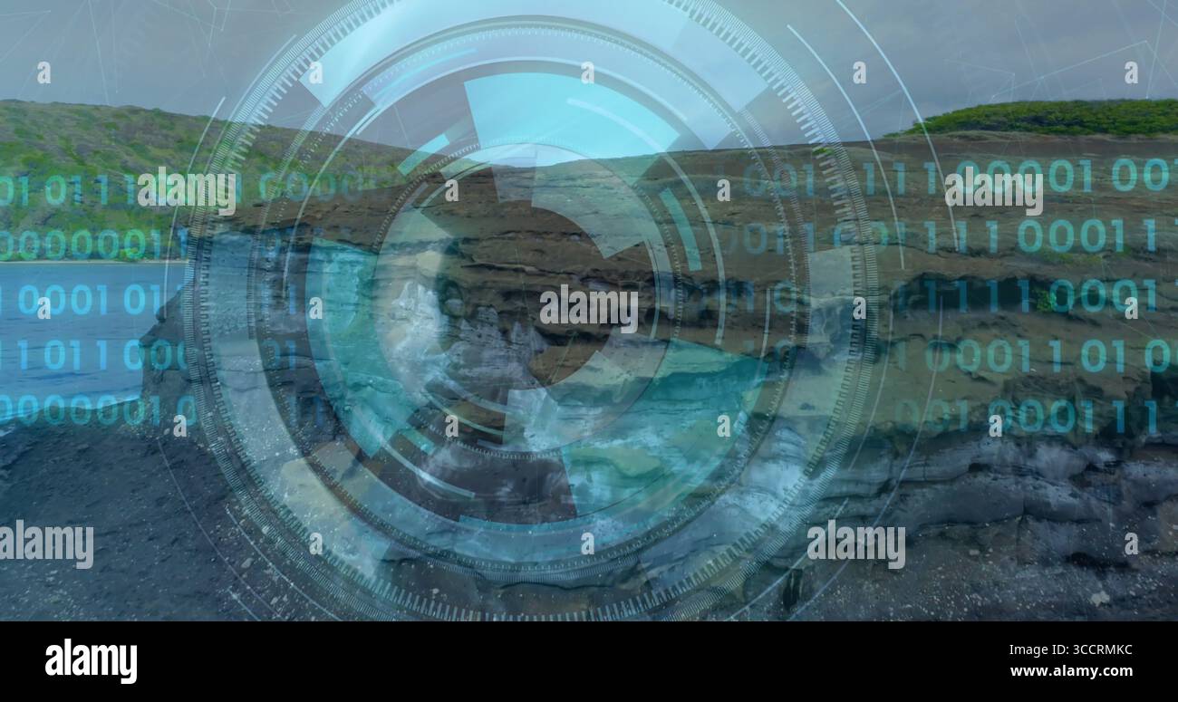 Displaying circular digital interface overlay floating above rocky inlet, with binary code ...