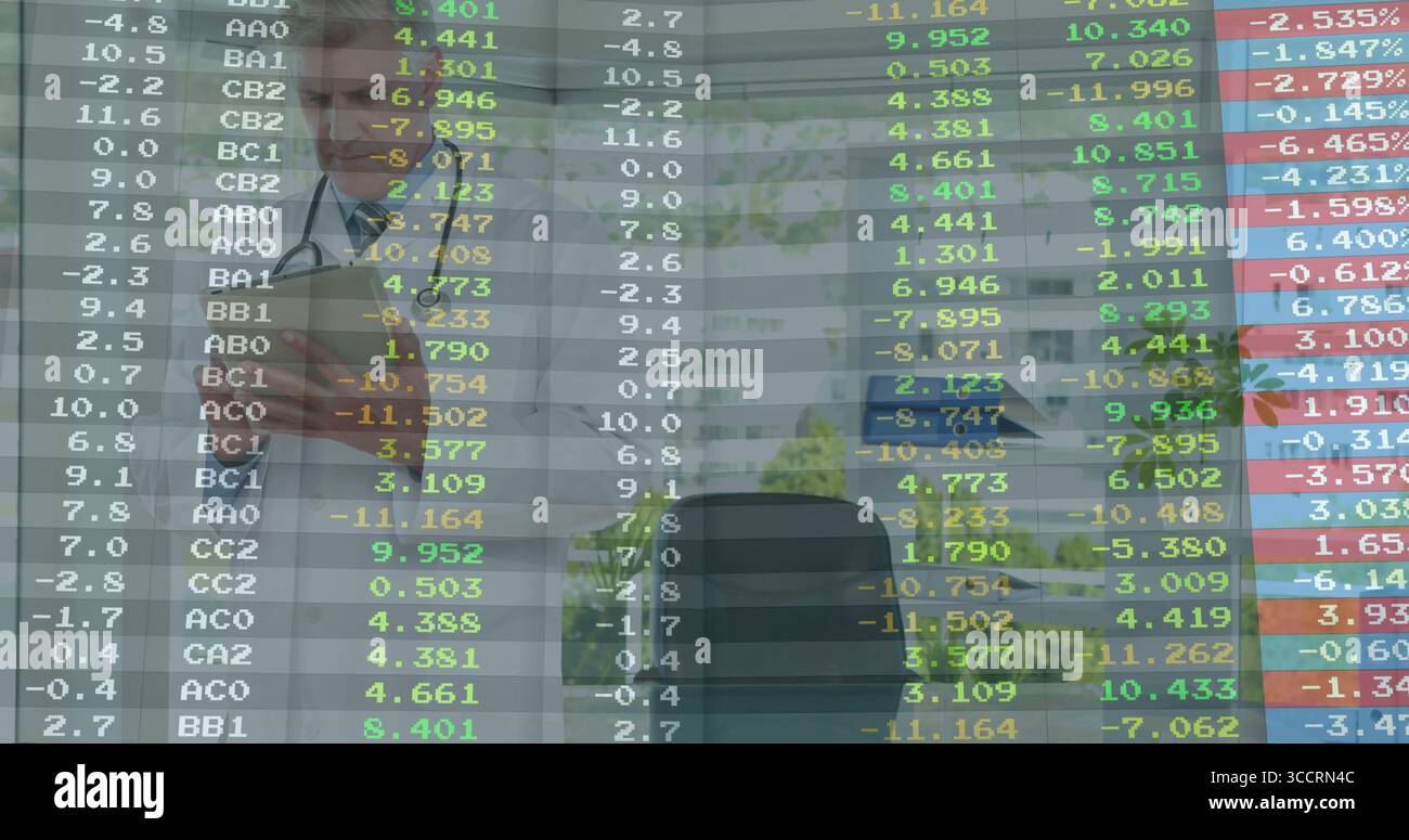 Analyzing stock ticker overlay, doctor holding clipboard in medical ...