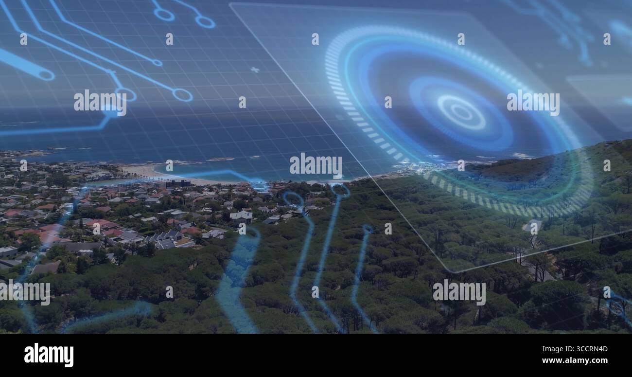 Displaying blue HUD overlay with glowing target rings over coastal ...