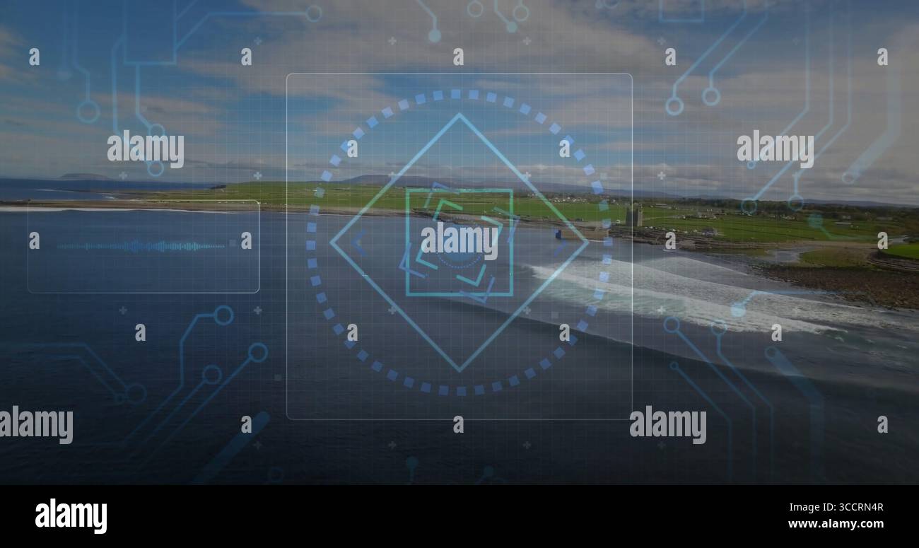 Digital targeting interface overlaying water waves and fields, with ...